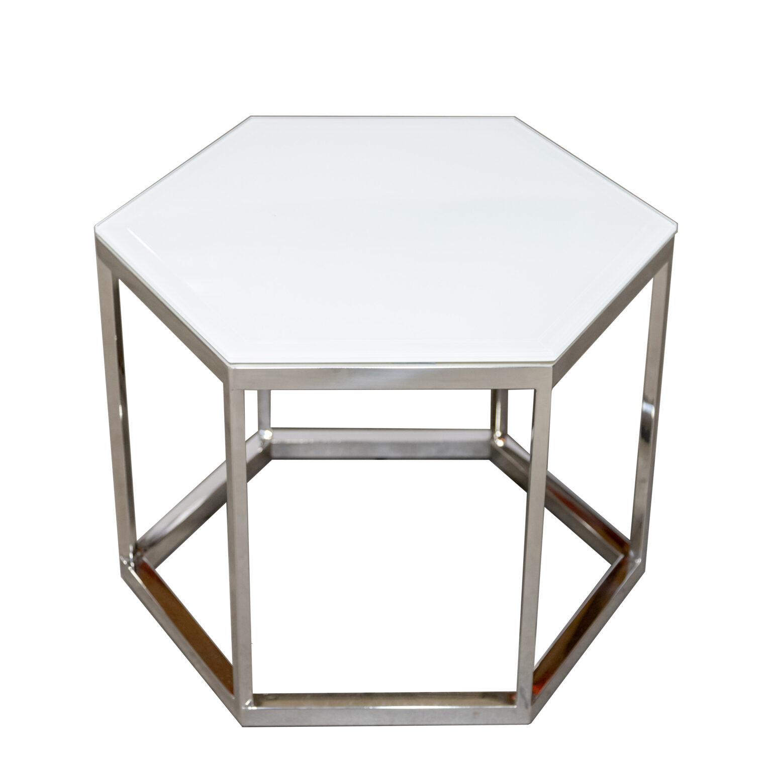 white hexagon accent table rental